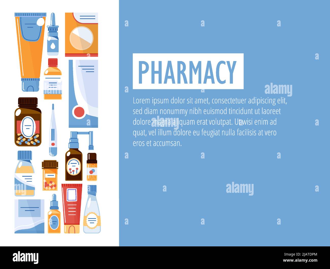 Different medicine products on left side.Flat vector Stock Vector Image ...