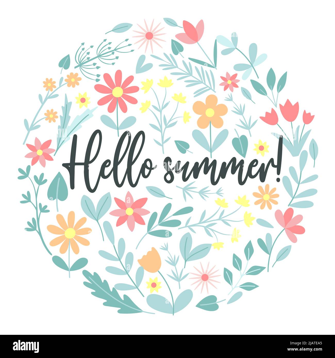 Card with herbal flowers hello summer. Round botanical floral greeting ...