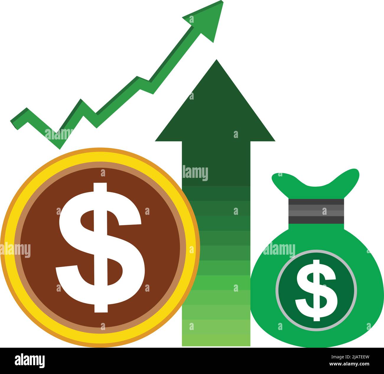 Dollar coin, increase arrow, and dollar bag illustration of icon. on ...