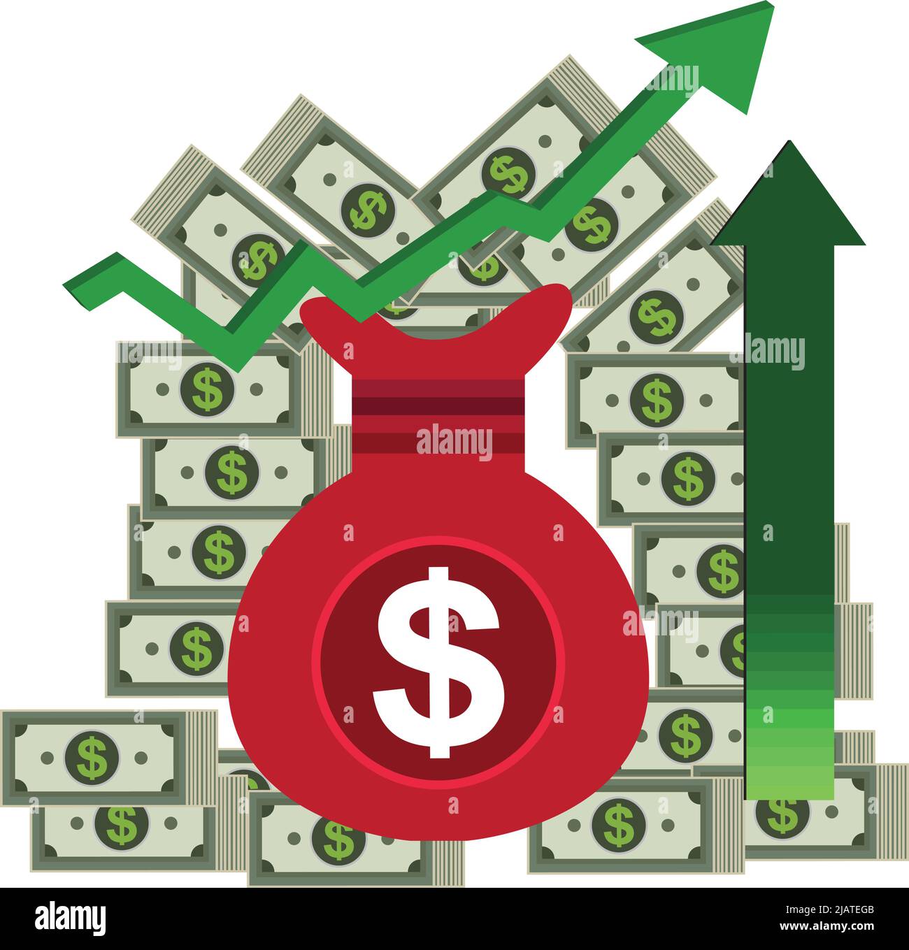 Pile of money dollar notes and dollar bag and money increase value ...