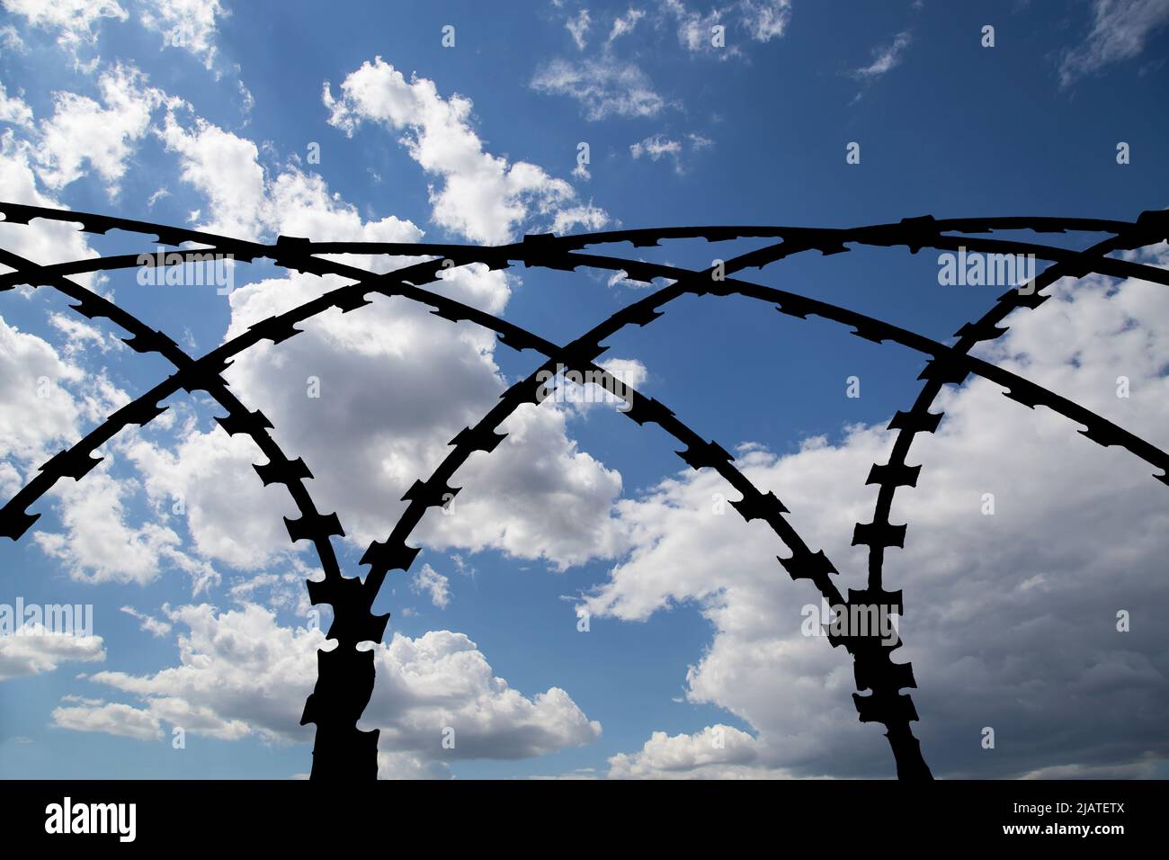 Сontour of barbed wire on background beautiful clouds and sky Stock ...