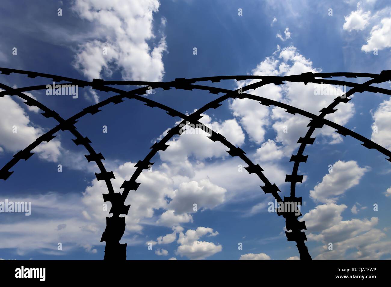 Сontour of barbed wire on background beautiful clouds and sky Stock ...