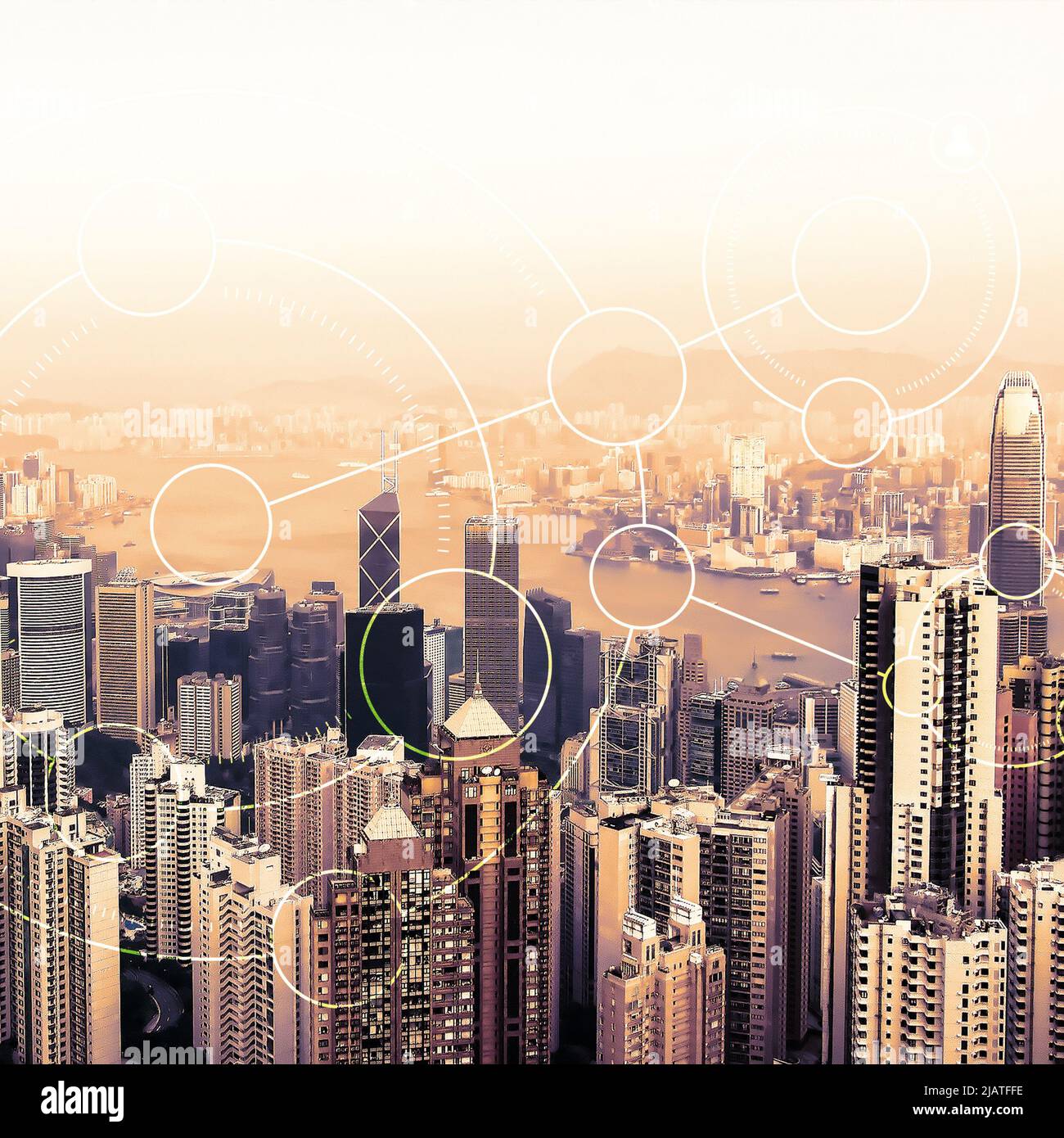 Modern urban skyline. Global communications and networking. Blockchain ...