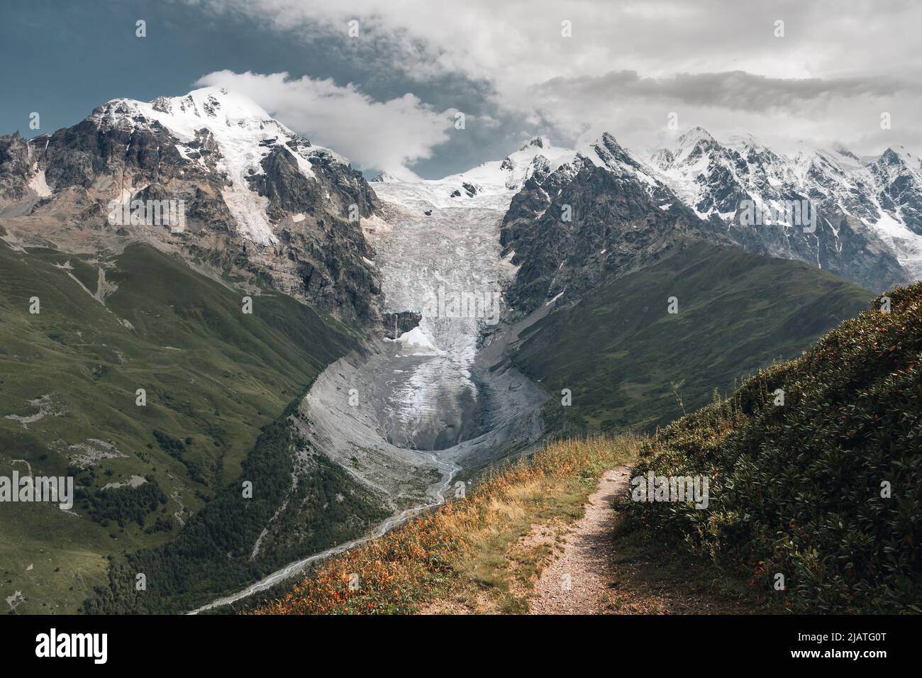 An amazing view on the Shkhara Glacier in the Greater Caucasus Mountain ...