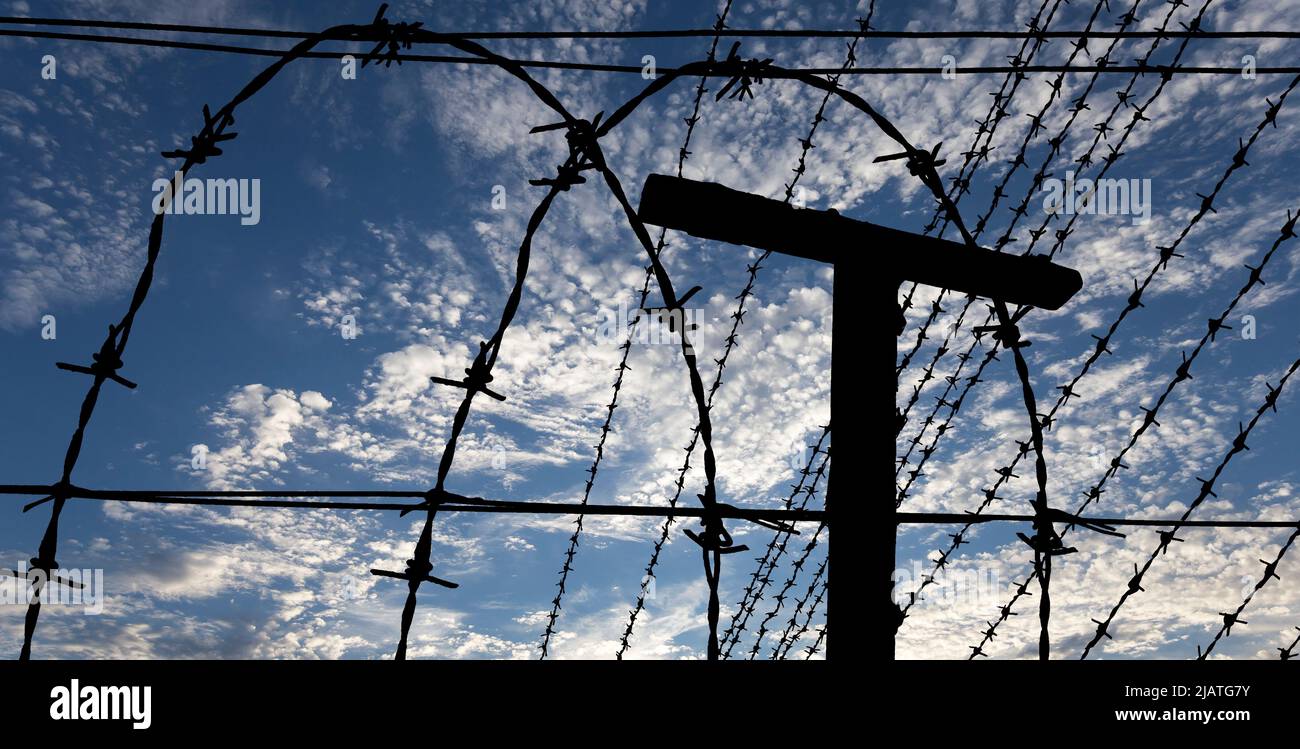 Сontour of barbed wire on background beautiful clouds and sky Stock ...