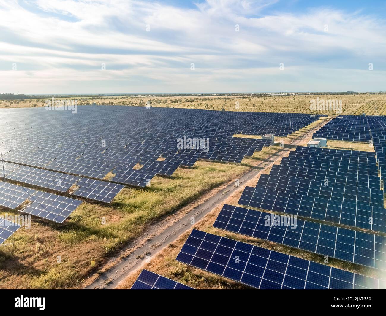 Aerial top view of a solar panels power plant. Photovoltaic solar ...