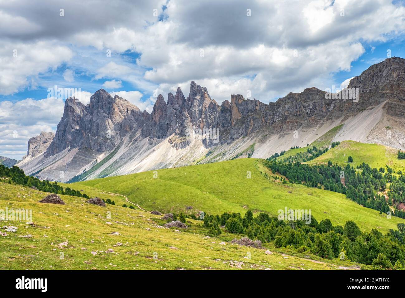 Awesome view at a mountain range with peaks in the dolomites Stock ...