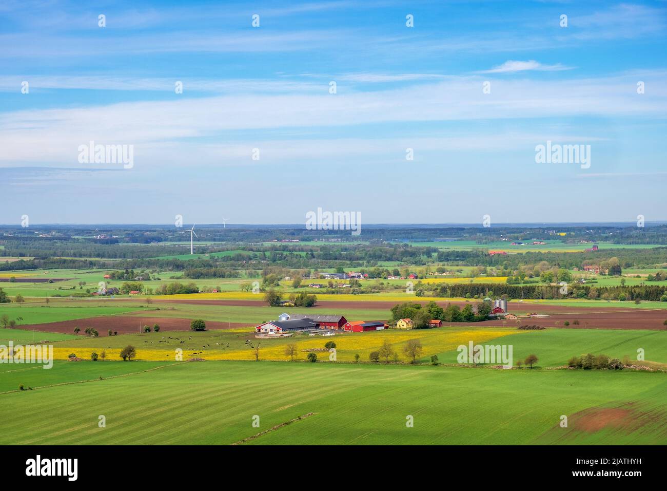 Aerial view on a cultivated landscape with farms and fields Stock Photo ...