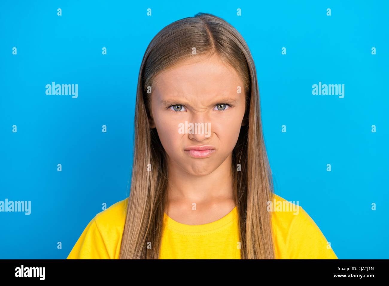 Photo of grumpy frustrated small lady frowning face grimace wear yellow ...