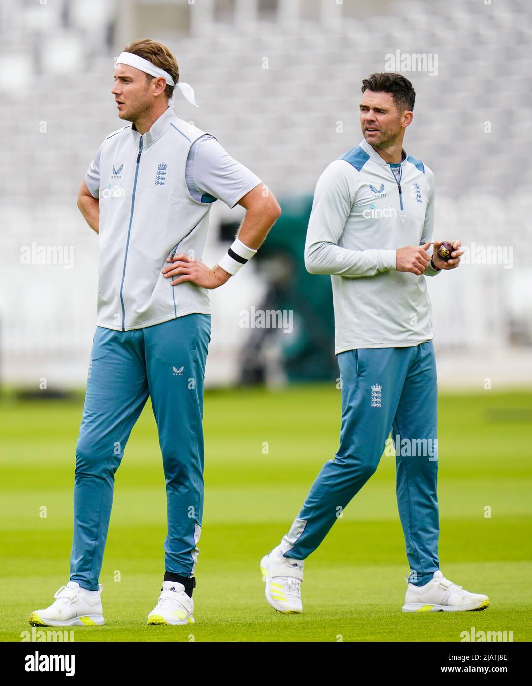England's Stuart Broad and James Anderson (right) during a nets session ...