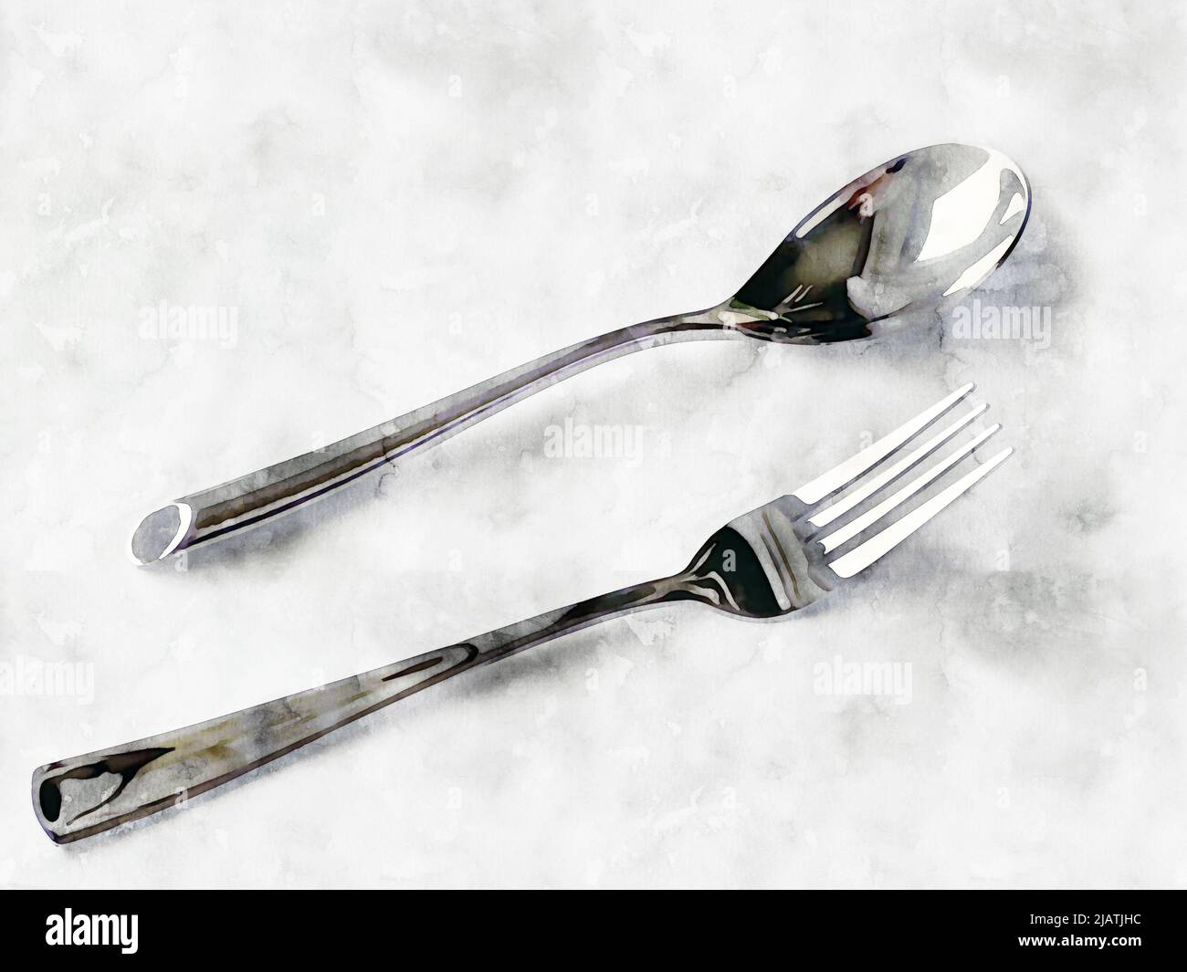 Watercolor metal spoon and fork. Hand drawn realistic illustration with ...
