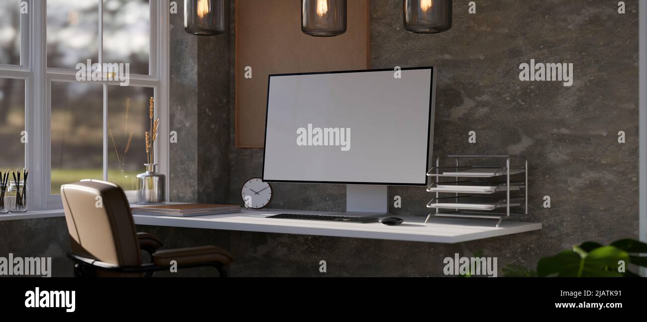 Modern loft office studio workspace with pc computer blank desktop ...