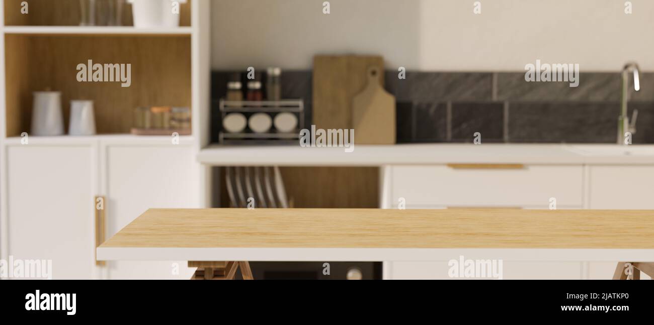 Modern wooden kitchen tabletop or dining table with empty space for ...