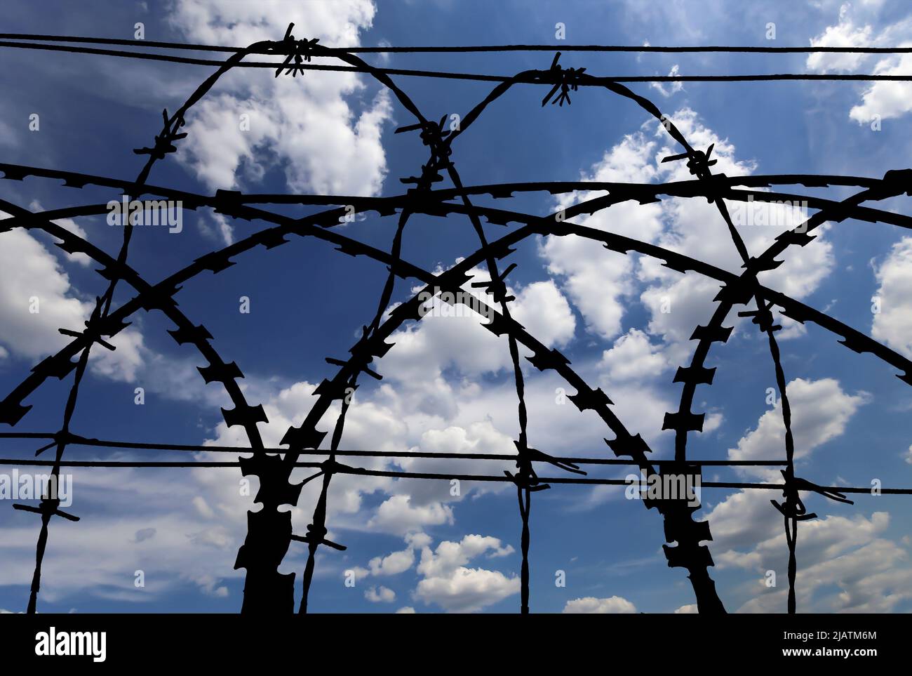 Сontour of barbed wire on background beautiful clouds and sky Stock ...