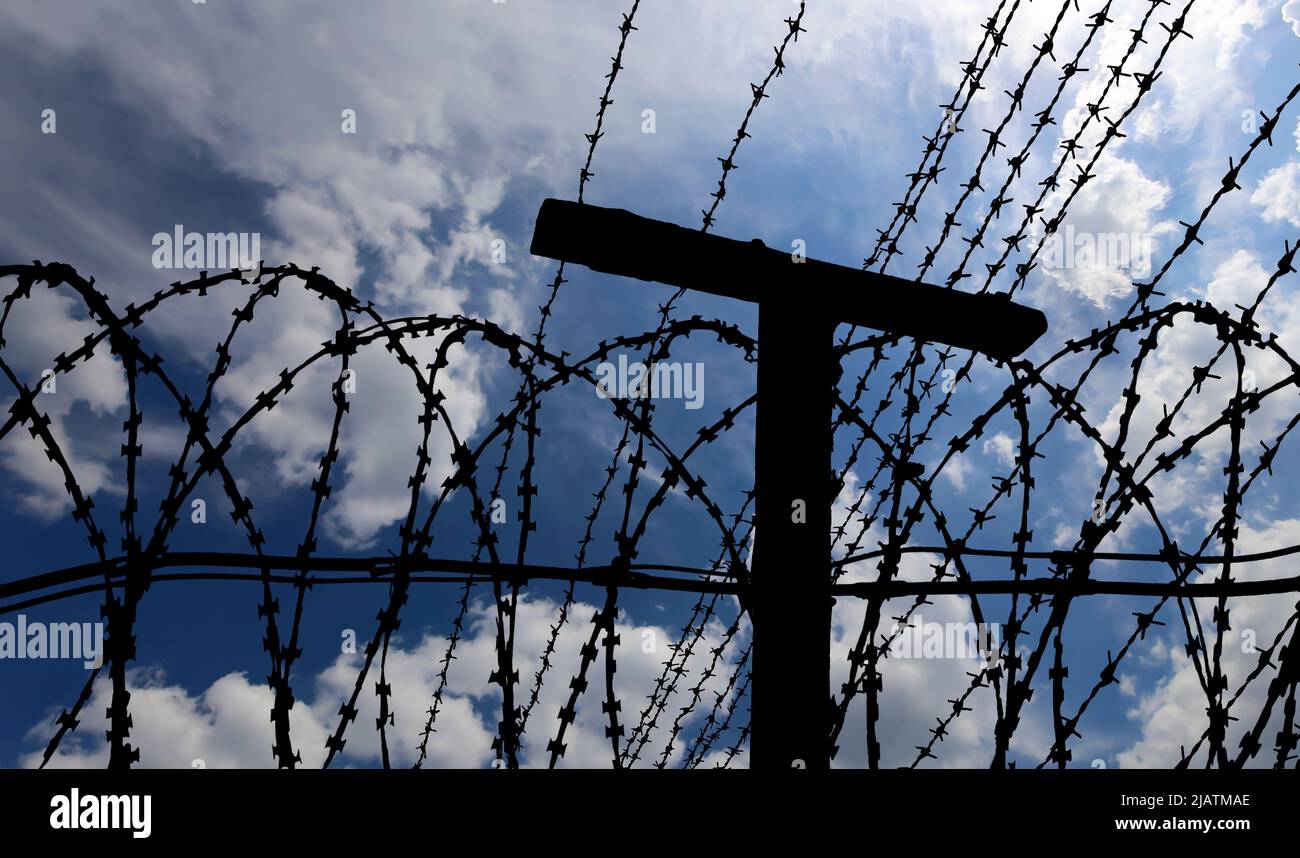 Сontour of barbed wire on background beautiful clouds and sky Stock ...