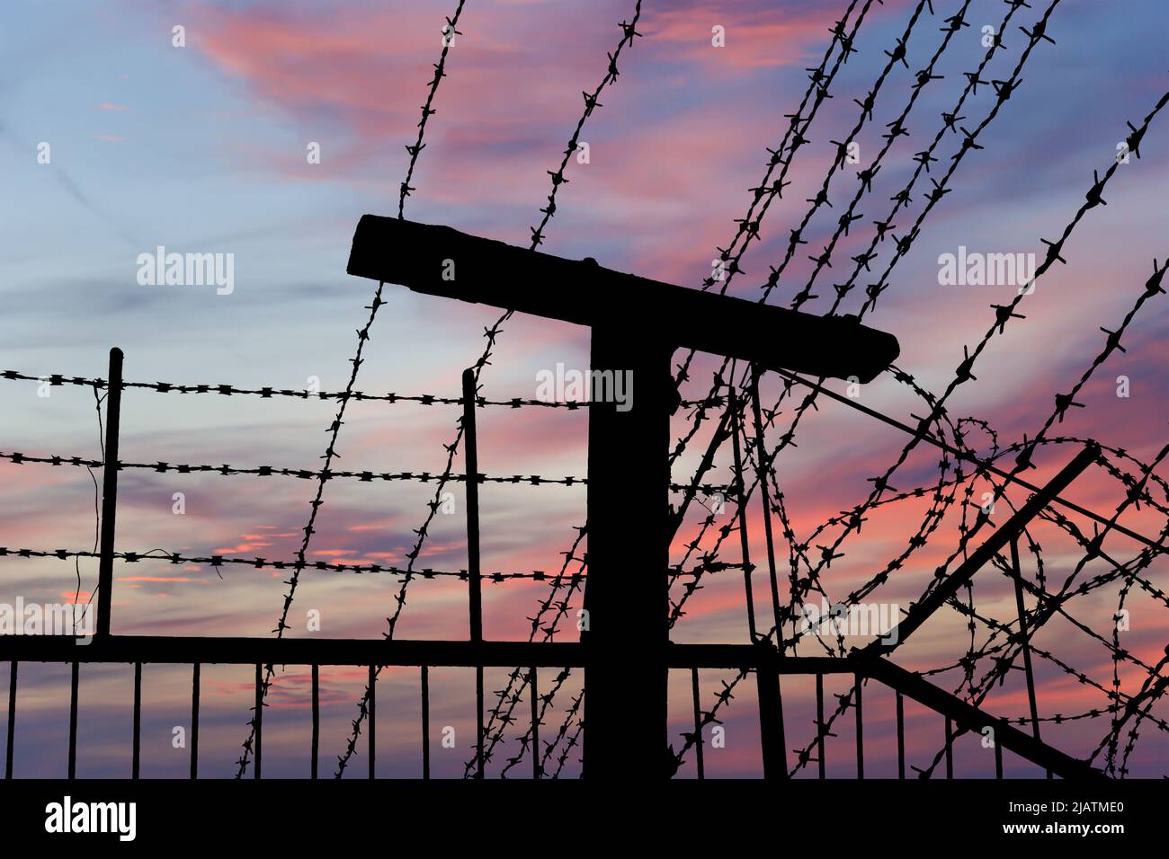 Сontour of barbed wire on the background of the sunset orange sky Stock ...