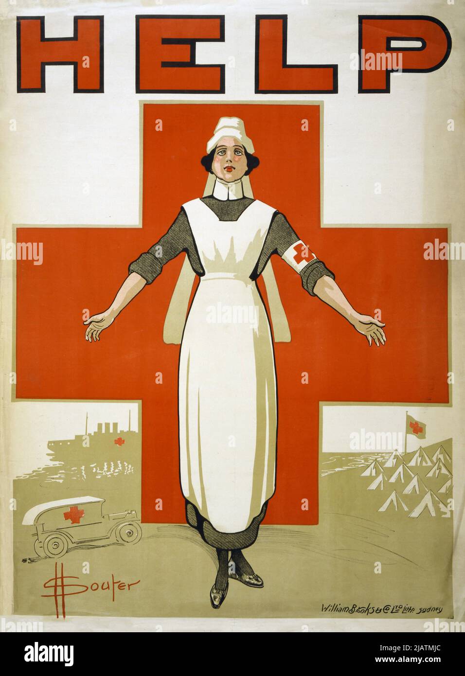 'Help' Poster lithograph showing a nurse with her arms outstretched ...