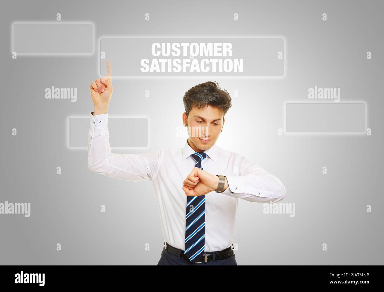 Businessman select or check lettering Customer Satisfaction as service ...