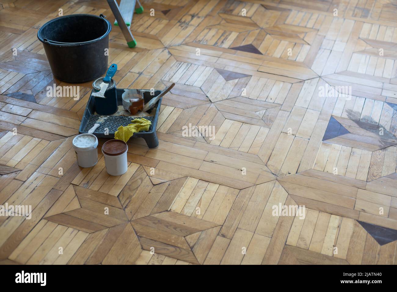 Renovated brown oak parquet, Reconstruction old house symbol, Wooden ...