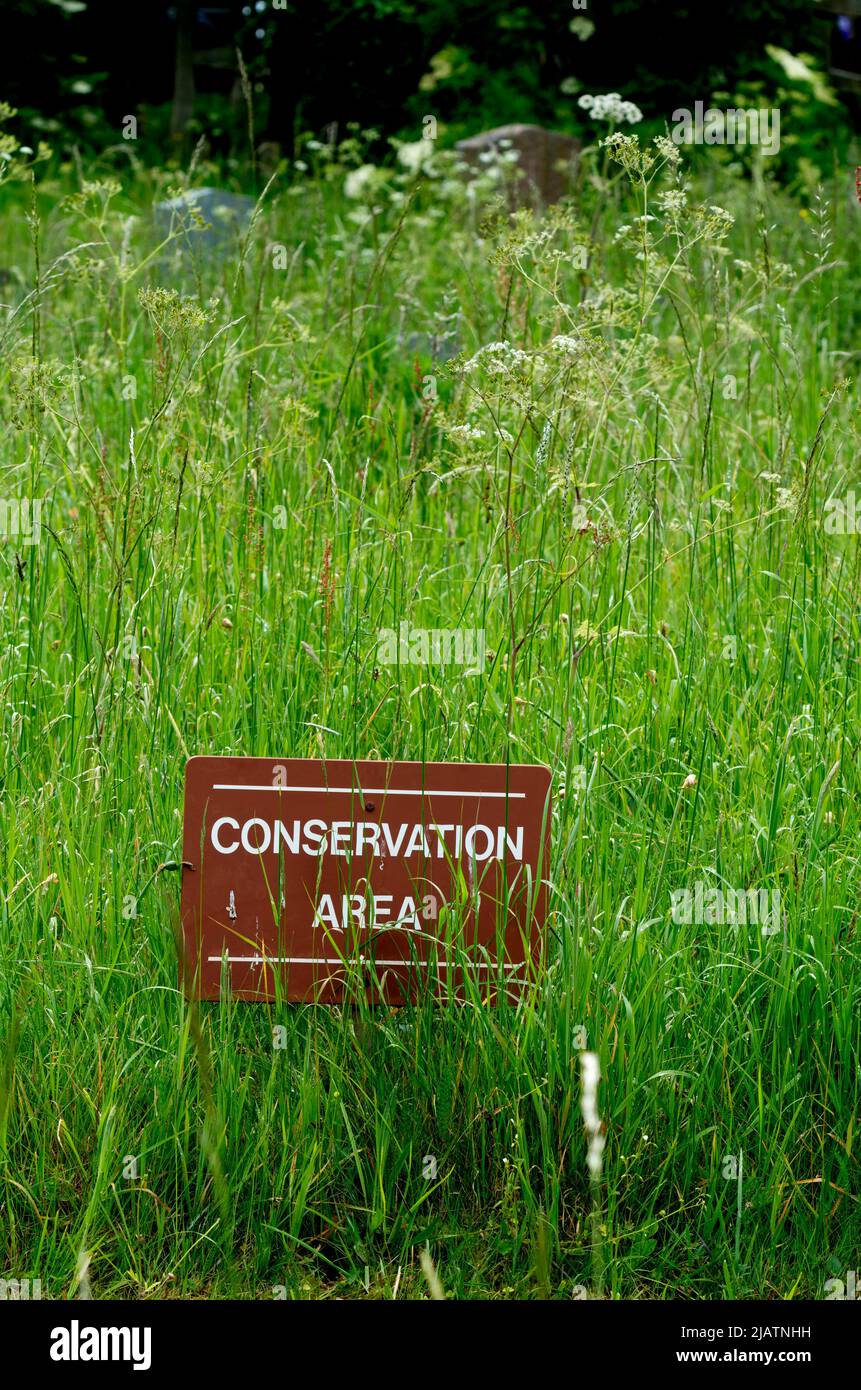 Conservation area sign in St. Leonard`s churchyard, Charlecote ...