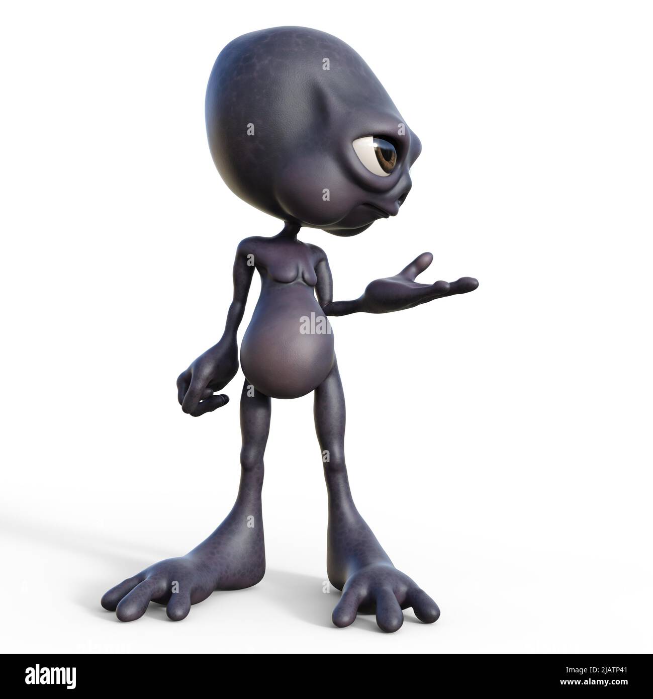 3D-illustration of a cute and funny cartoon alien holding something ...