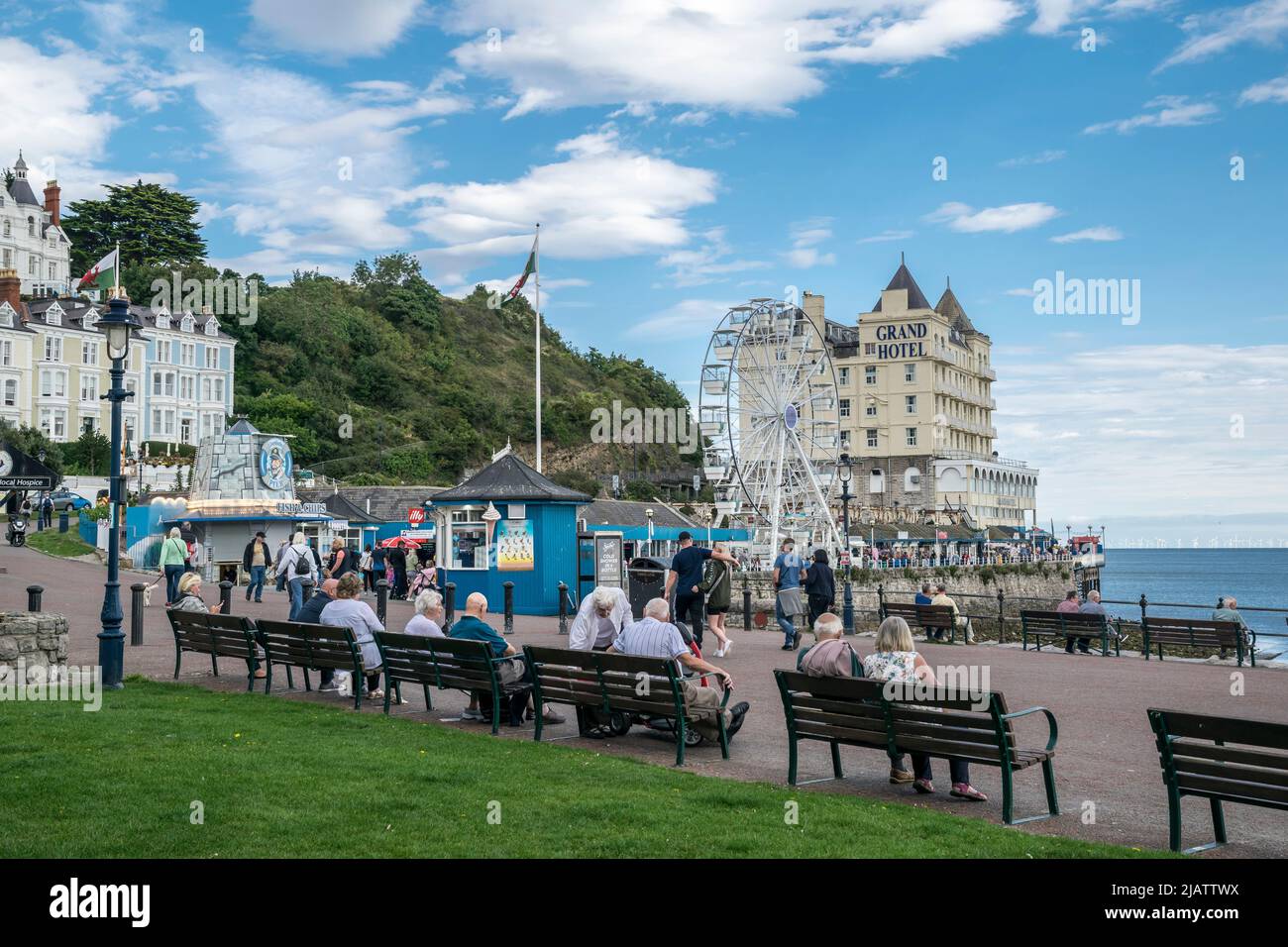 Llandudno promenade on the North Wales coast with the new ferris wheel ...