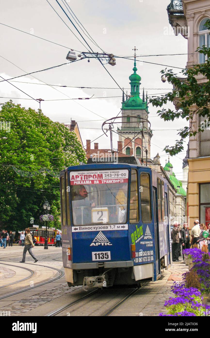 Tram and pedestrians, Lviv city centre, Ukraine Stock Photo - Alamy