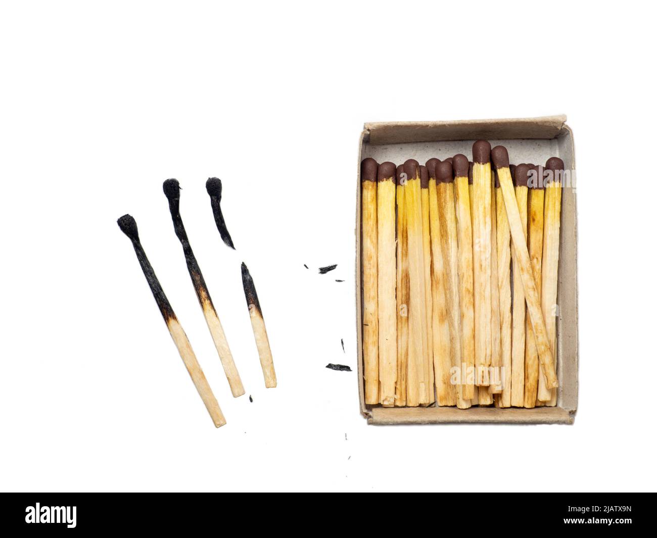 Matchbox on a white background. Burnt match near the box. Broken match ...