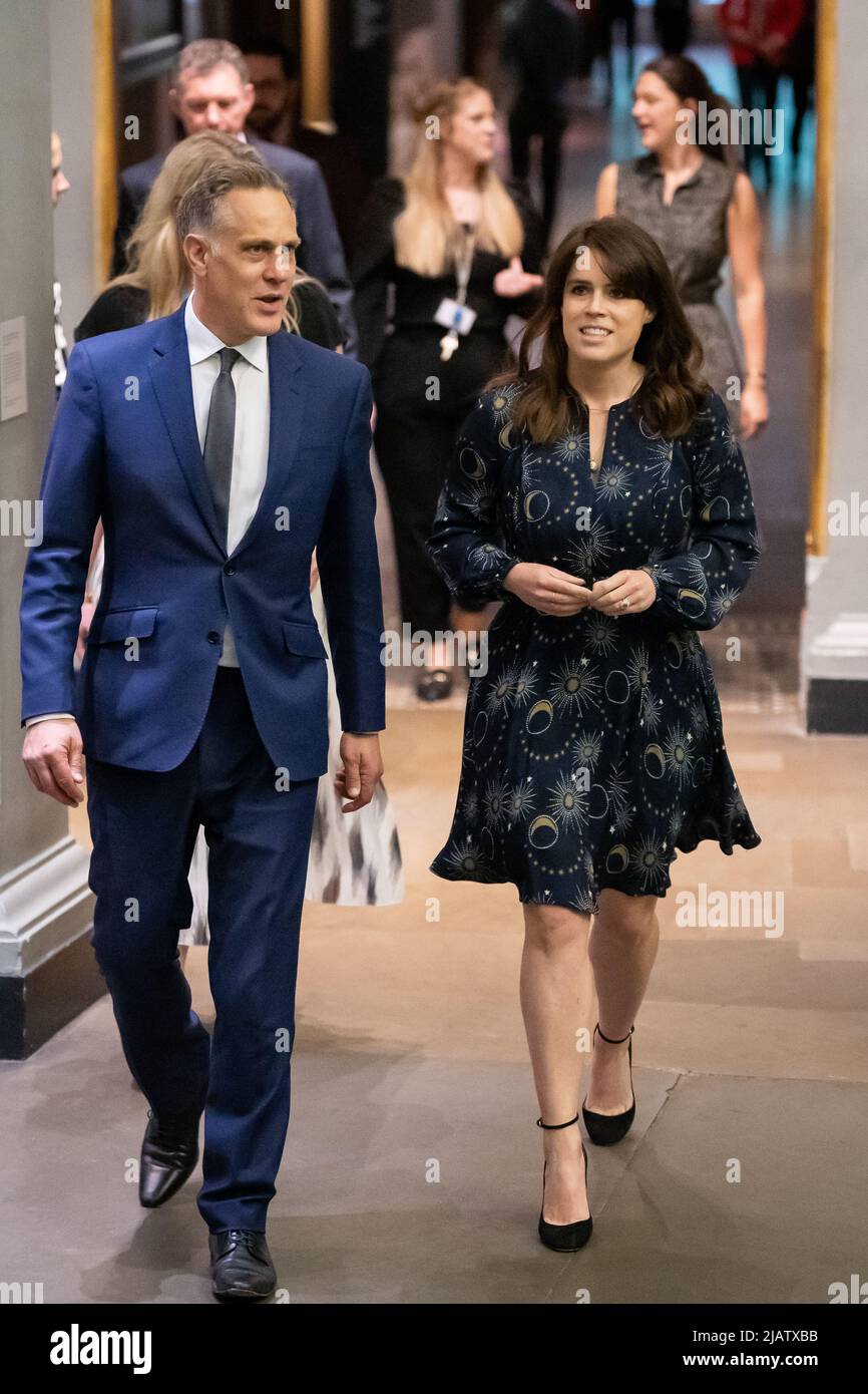 Tim Reeve Deputy Director of V&A and Princess Eugenie during a visit to ...