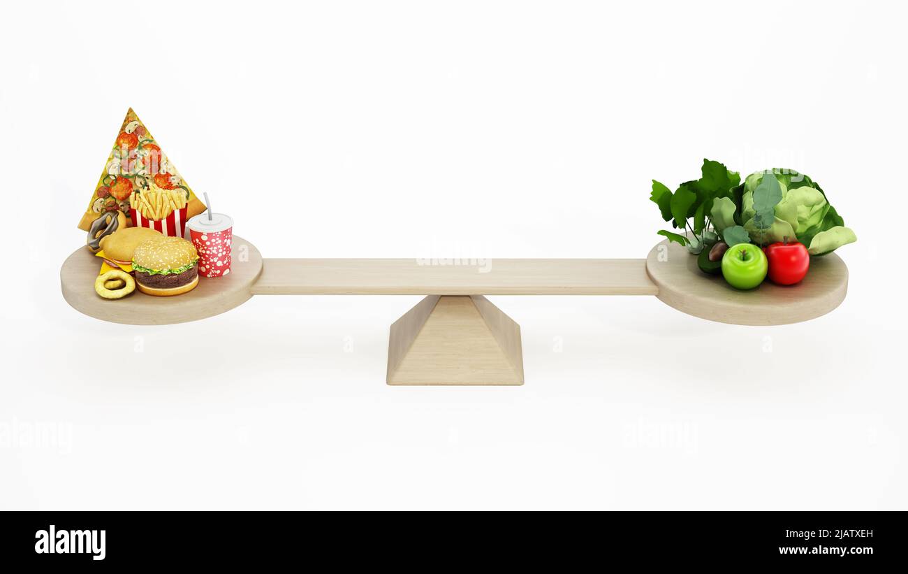 Fast food versus healthy food standing in balance at two ends of the ...