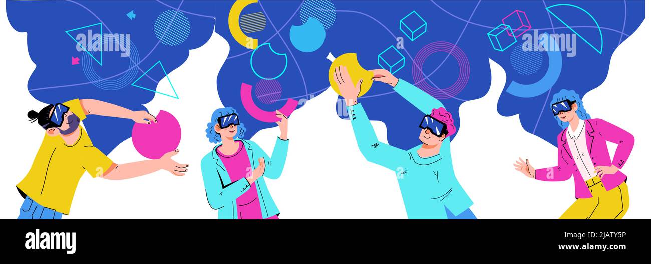 People in VR digital glasses interacting in augmented reality and ...