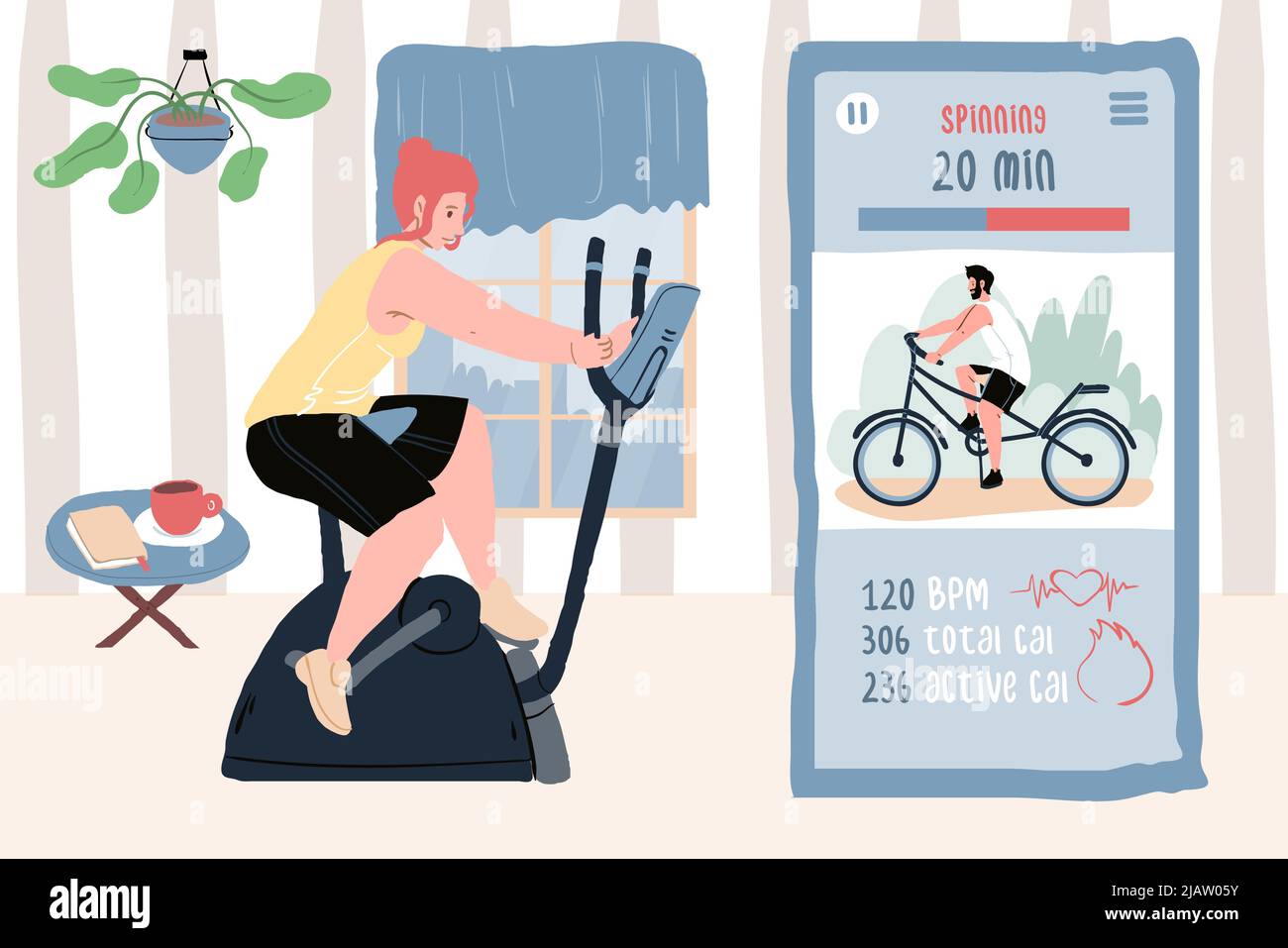 Flat cartoon woman character working out on stationary bike,sports ...