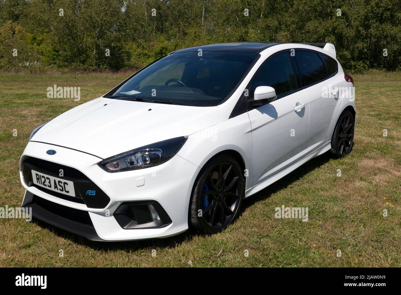 Three-quarters front view of a 2016, White, Ford Focus RS, on display ...