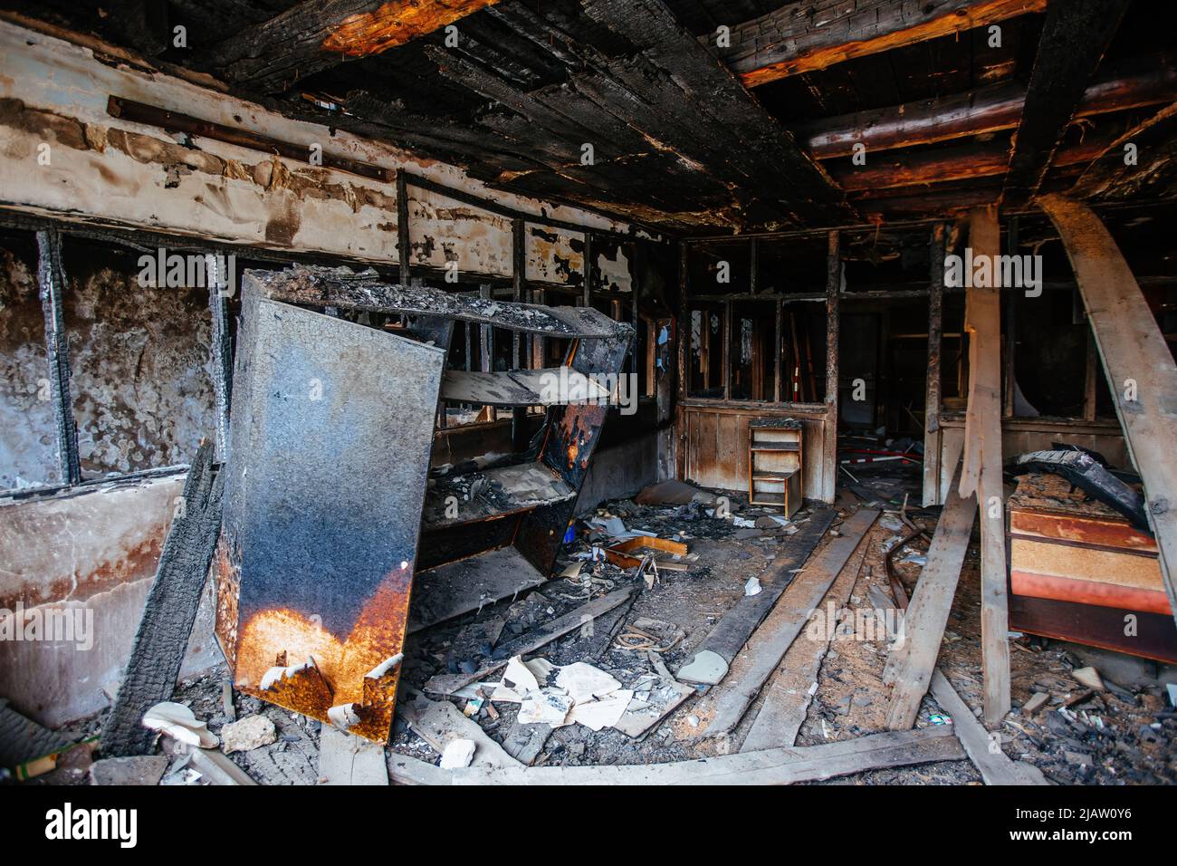 Burned interiors of hospital. Fire or war consequences concept Stock ...