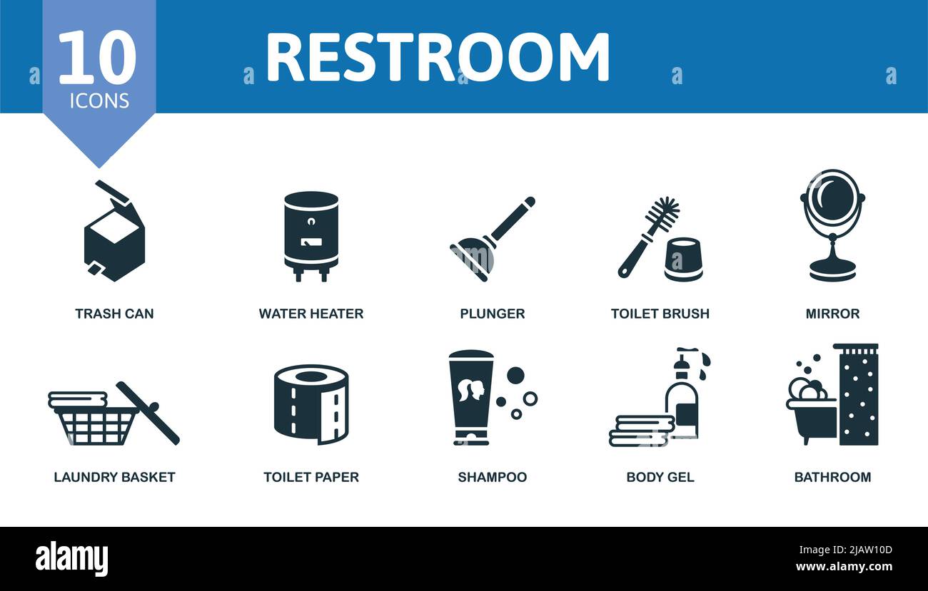 Restroom set icon. Editable icons restroom theme such as trash can ...