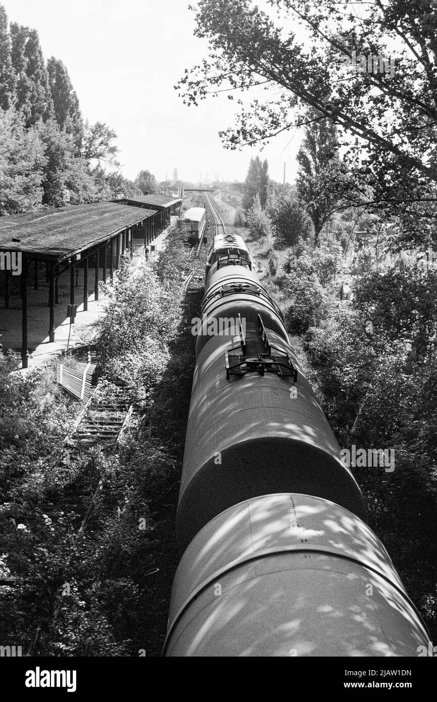 A freight train on the East German border at Staaken between East and ...
