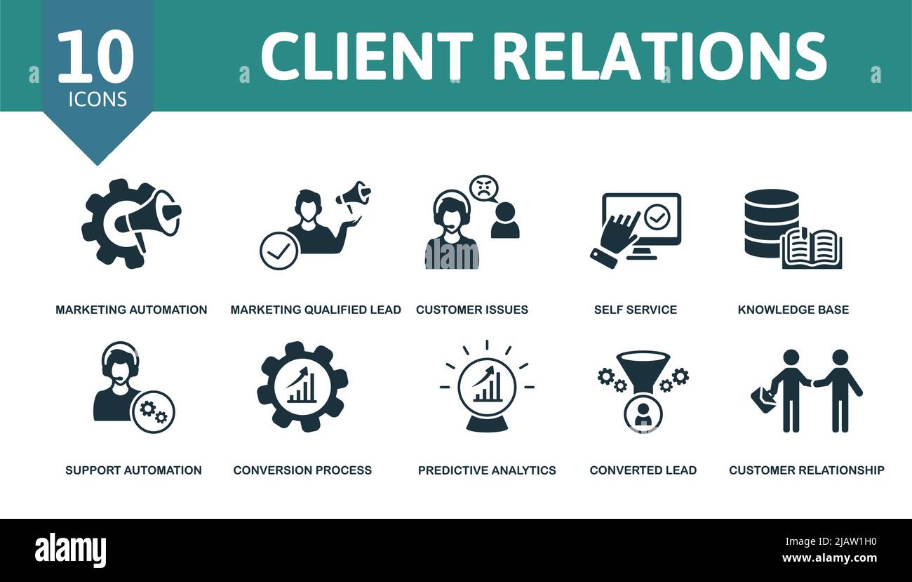 Client Relations set icon. Editable icons client relations theme such ...