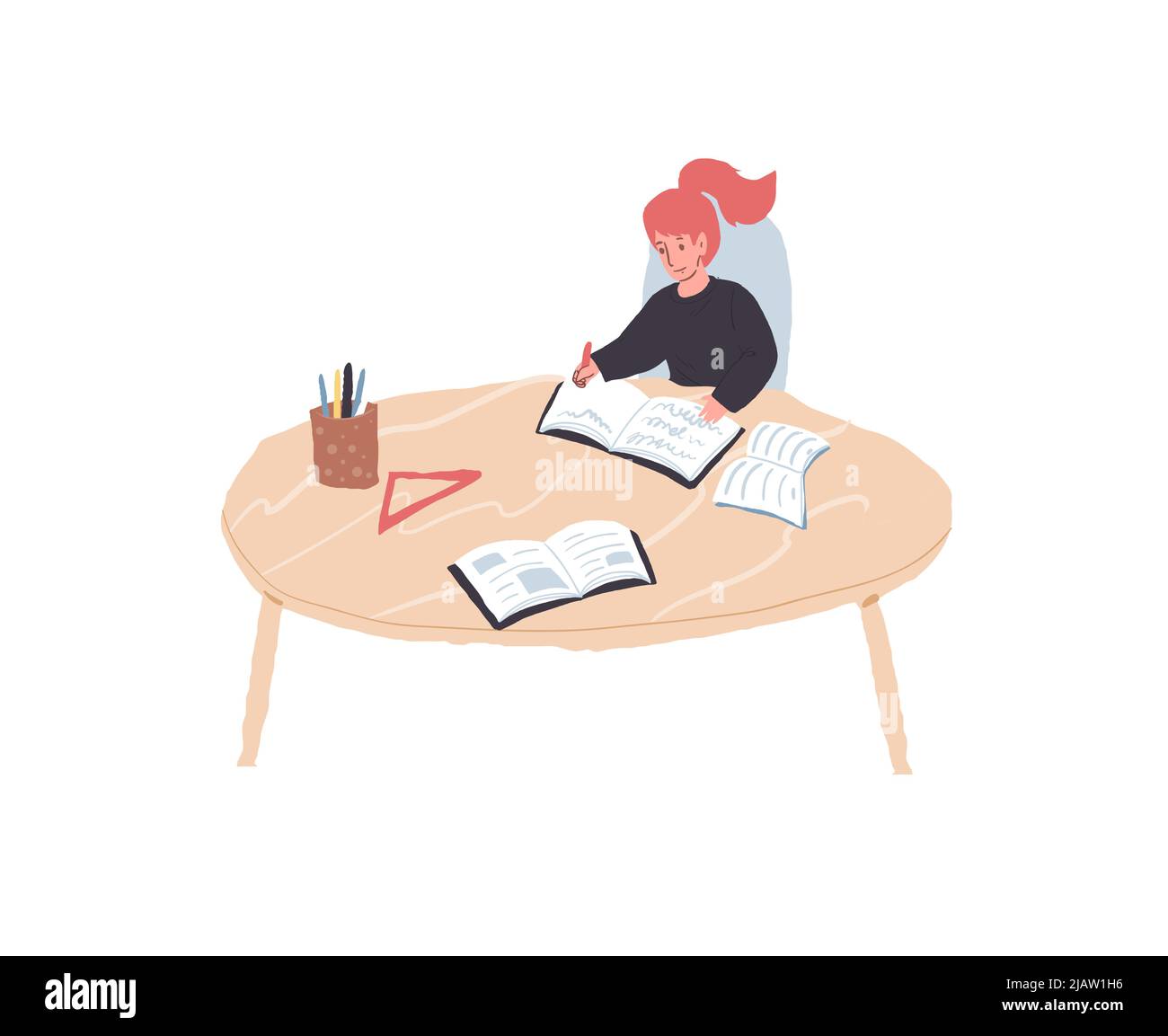 Flat cartoon girl character student study at table,happy fun childhood ...