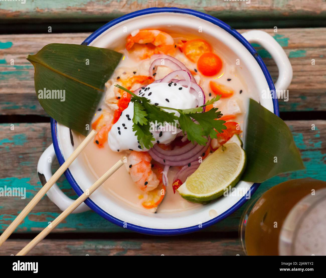Top view of ceviche in Vietnamese style with coconut milk Stock Photo ...