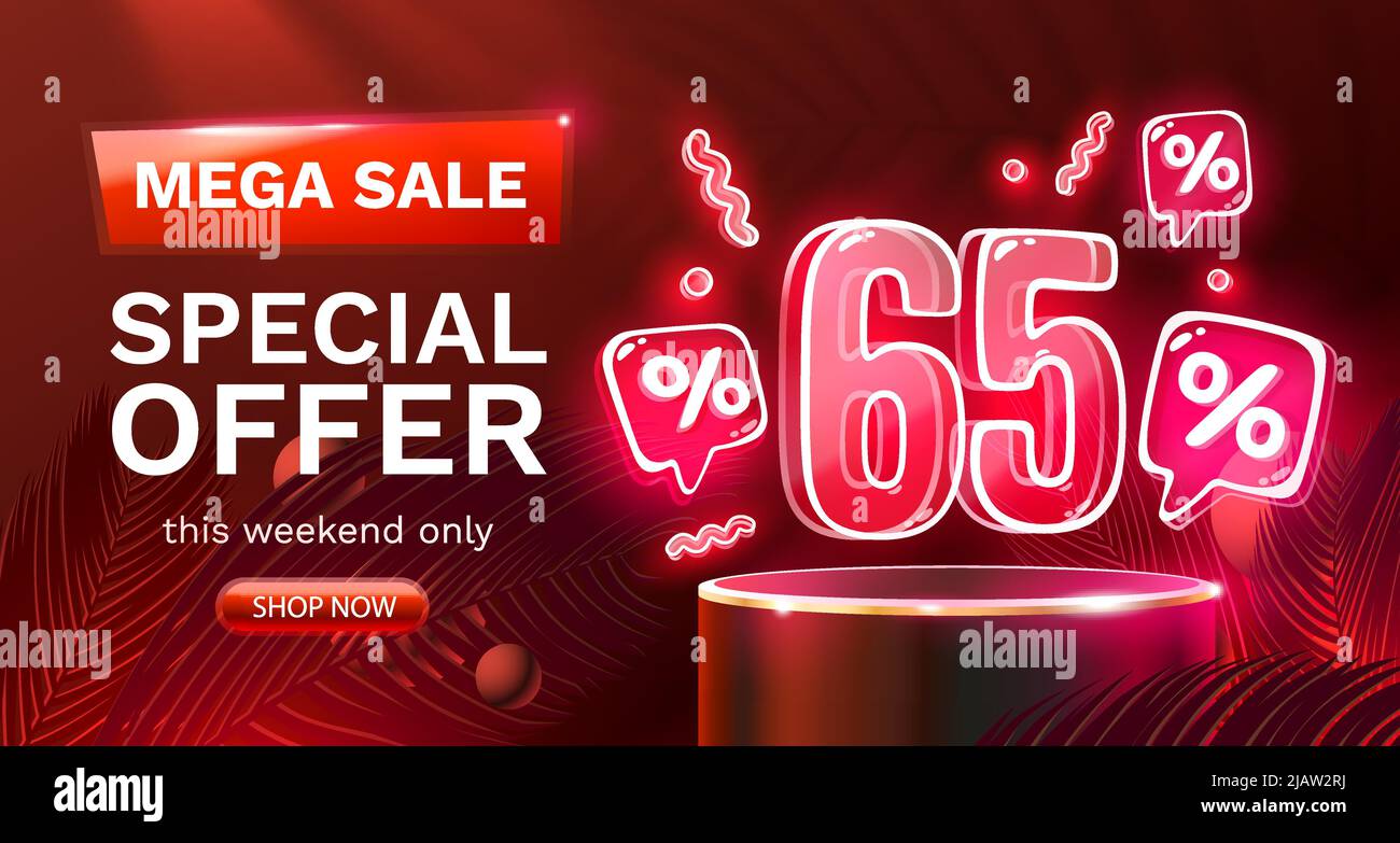 Mega sale special offer, Neon 65 off sale banner. Sign board promotion. Vector illustration ...
