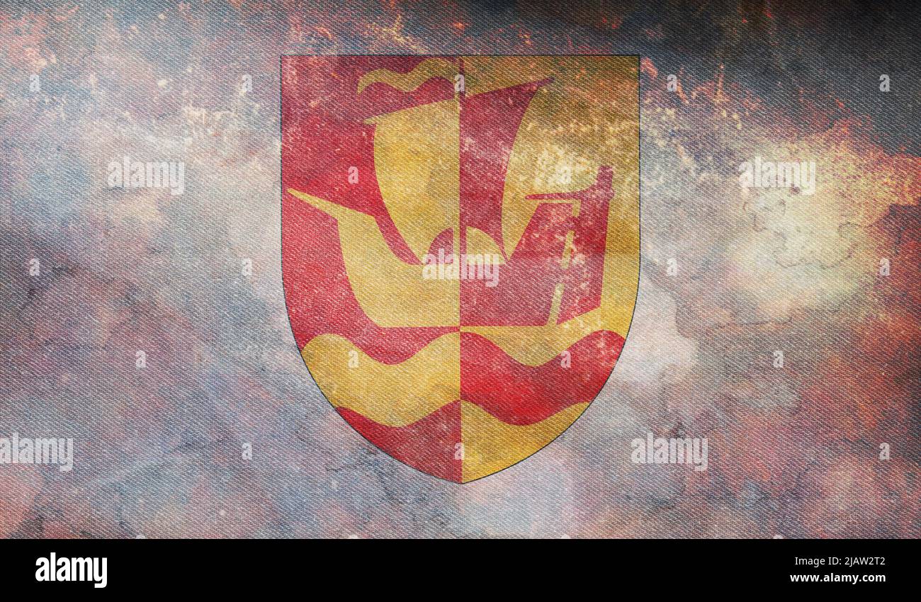 Top view of retro flag Guldborgsund Kommune, Denmark with grunge ...