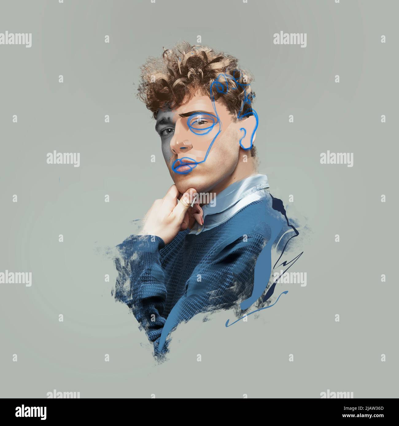 Creative art collage. Young serious man's portrait over gray background ...