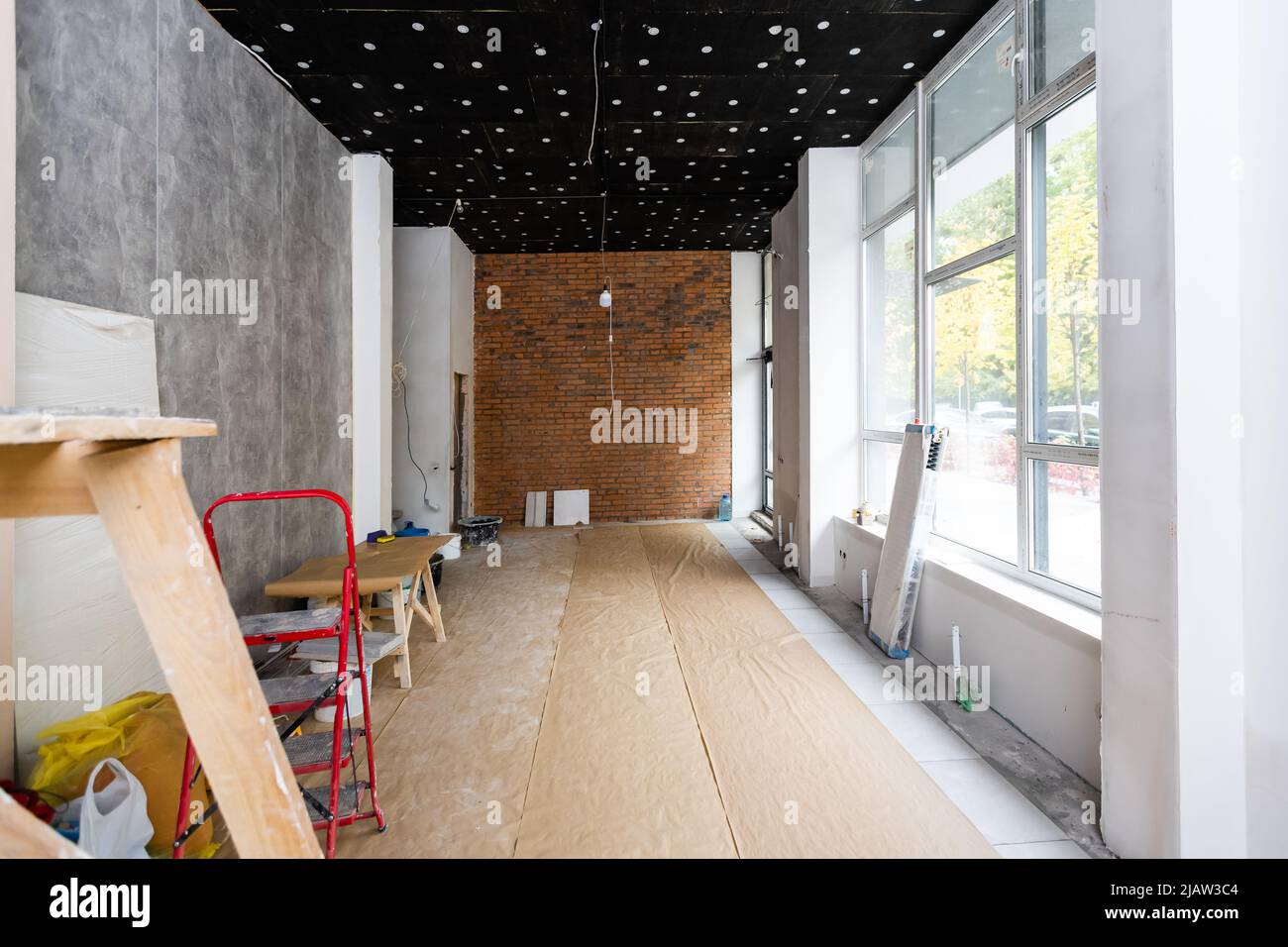 board wall interior decoration of home at construction site with copy ...