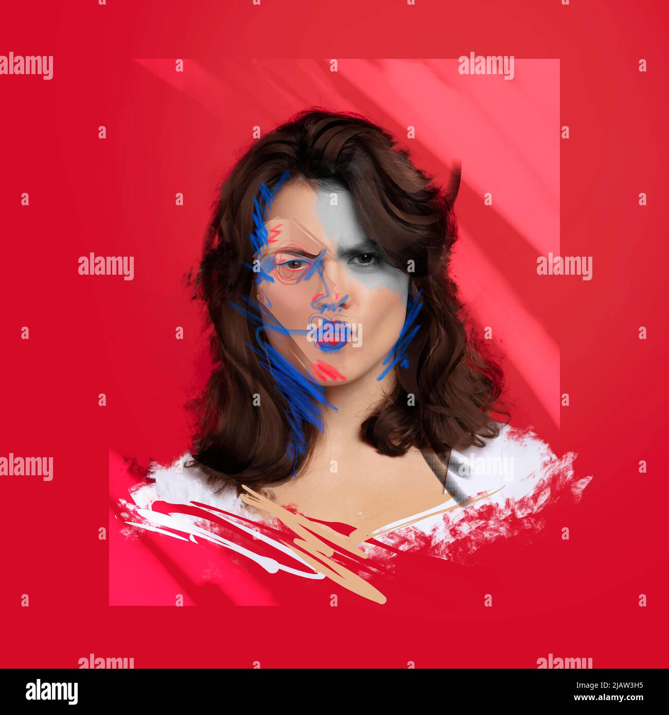 Creative art collage. Young woman's portrait over red background ...