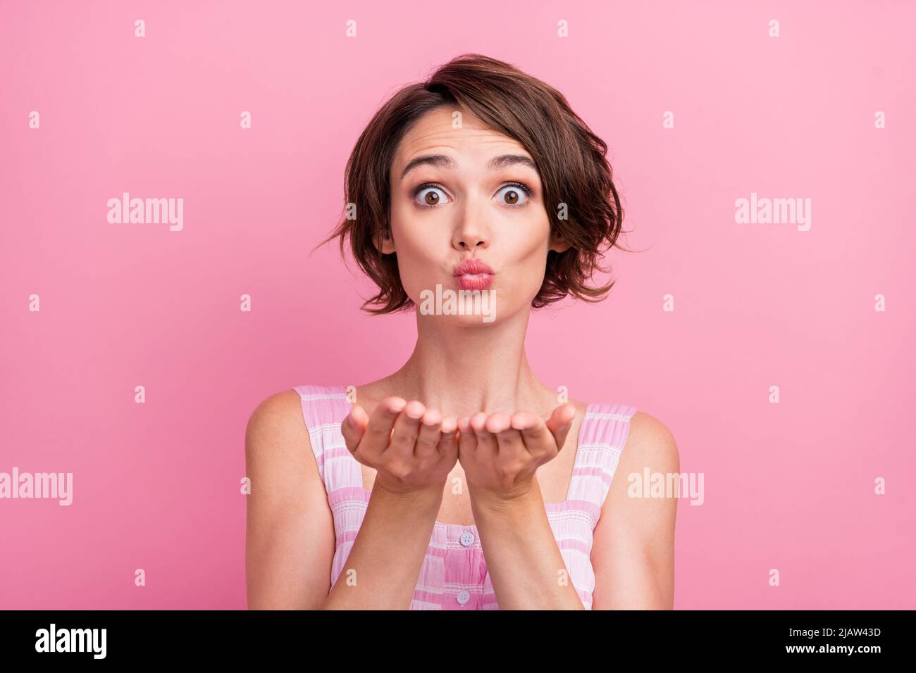 Photo of young lovely girl pouted lips send air kiss romance feelings ...