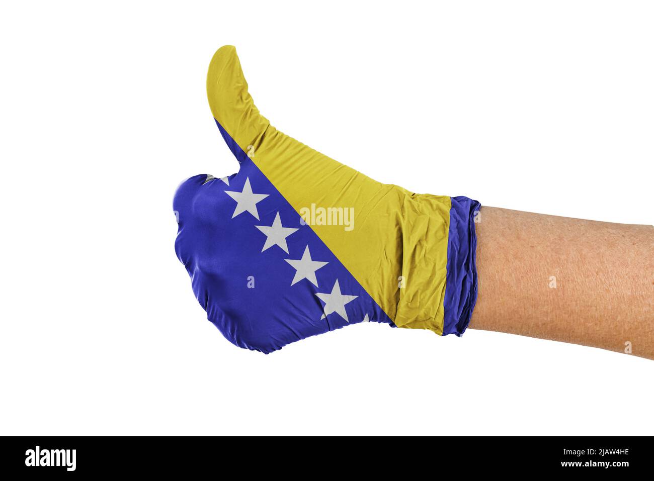 Bosnia and Herzegovina flag on a hand glove showing thumbs up sign ...