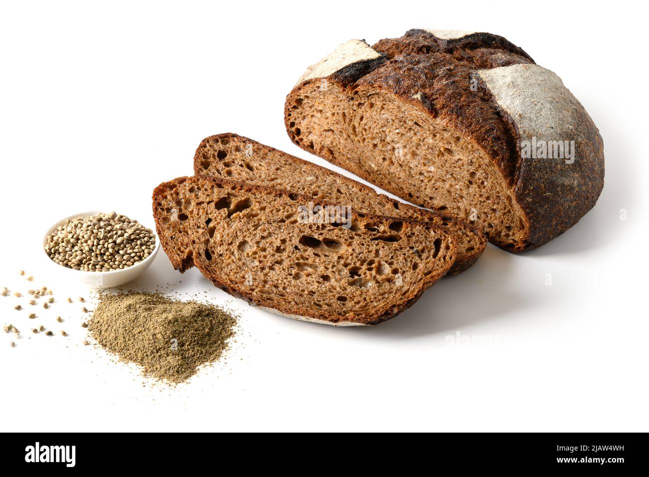Loaf of Hemp bread, hempseeds and flour isolated on white background ...