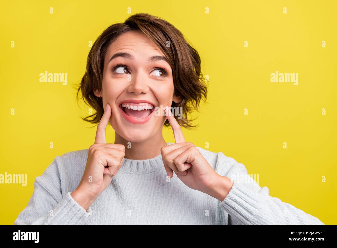 Photo Of Crazy Candid Lady Finger Cheek Look Empty Space Dream Wear