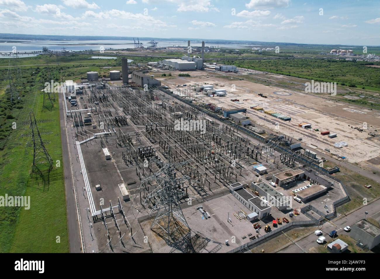 Grain Electrical substation Kent UK drone aerial view Stock Photo - Alamy
