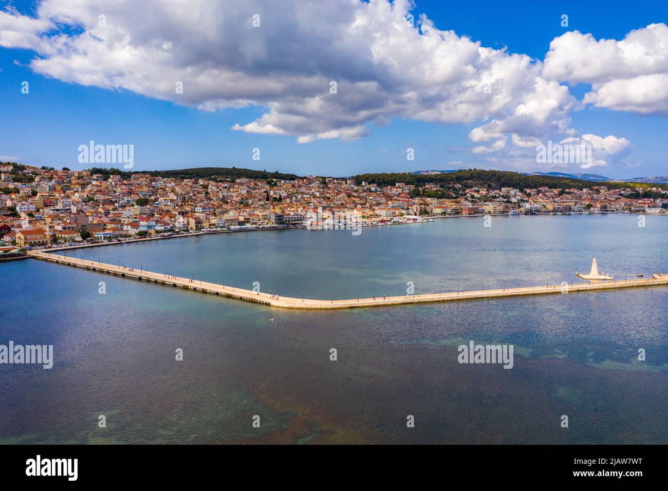 Aerial view of the De Bosset Bridge in Argostoli city on Kefalonia ...
